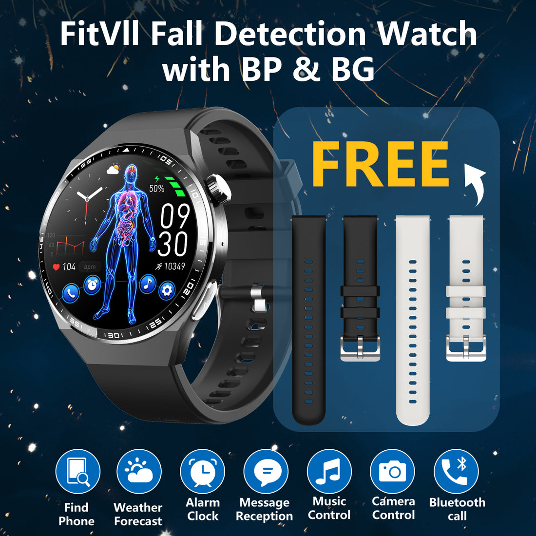 FitVII® AegisFit Fall Detection Smartwatch With BP+BG+Spo2+HR+ECG+Slee ...