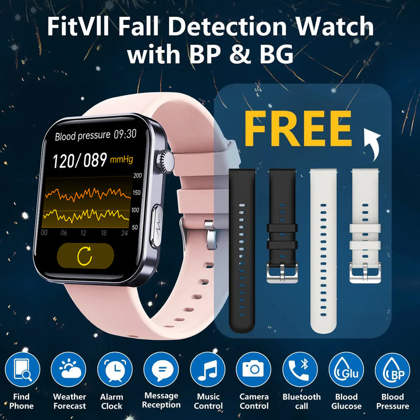 FitVII® PulseMax Fall Detection Watch With Blood Glucose+Blood Presssu ...