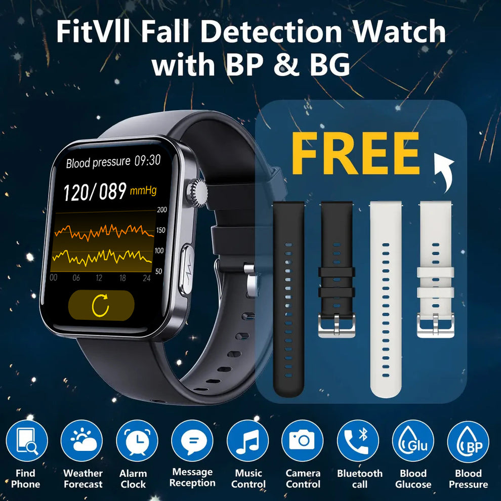 FitVII® PulseMax Fall Detection Watch With Blood Glucose+Blood Presssu ...