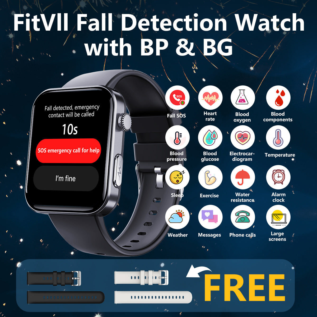 FitVII Pulse Max Smart Watch With Fall Detection Blood Glucose Blood P ...