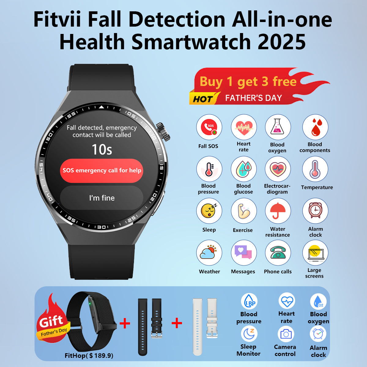 FitVII® AegisFit Fall Detection Smartwatch With BP+BG+Spo2+HR+ECG+Slee ...