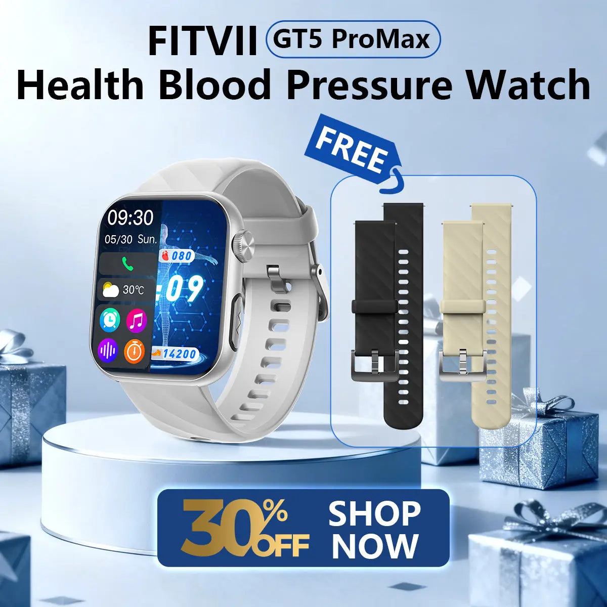 Upgrade Fitvii® GT5 Pro Max Blood Glucose Watch With BP+HRV+ECG(EKG)+P ...